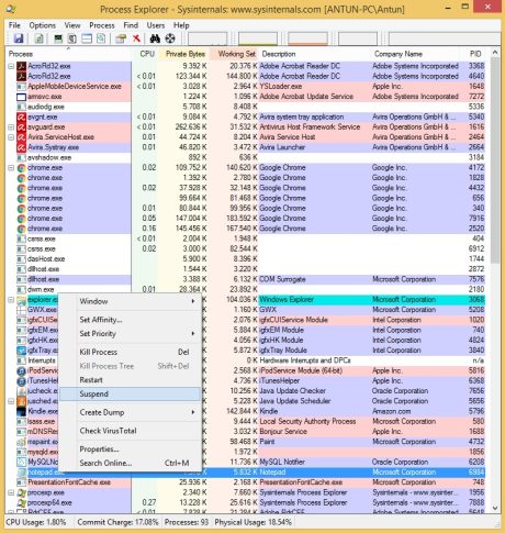 Suspend a process | Process Explorer#